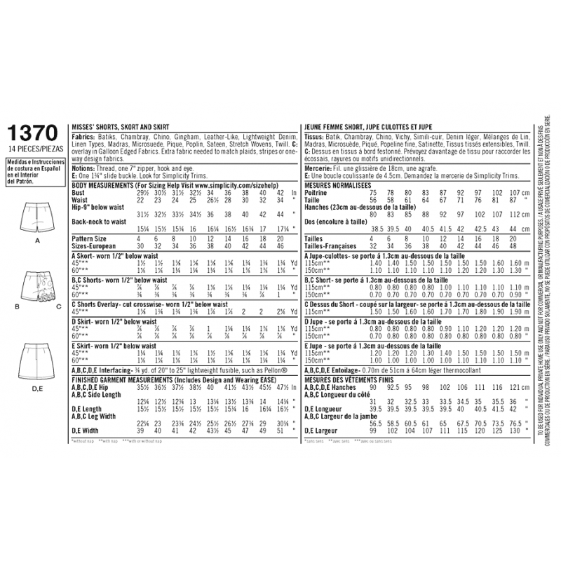 Simplicity Sewing Pattern 1370 Misses' Short Shorts, Skort and Mini...