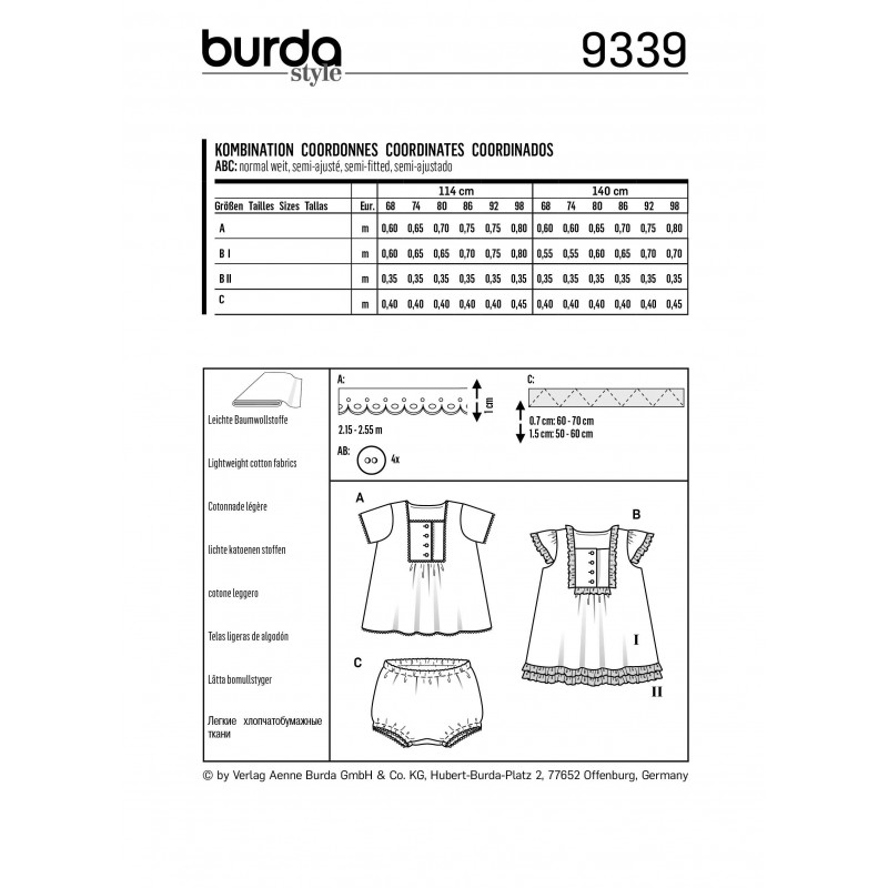 Burda Sewing Pattern 9339 Style Infant Toddlers Summer Dress & Shorts