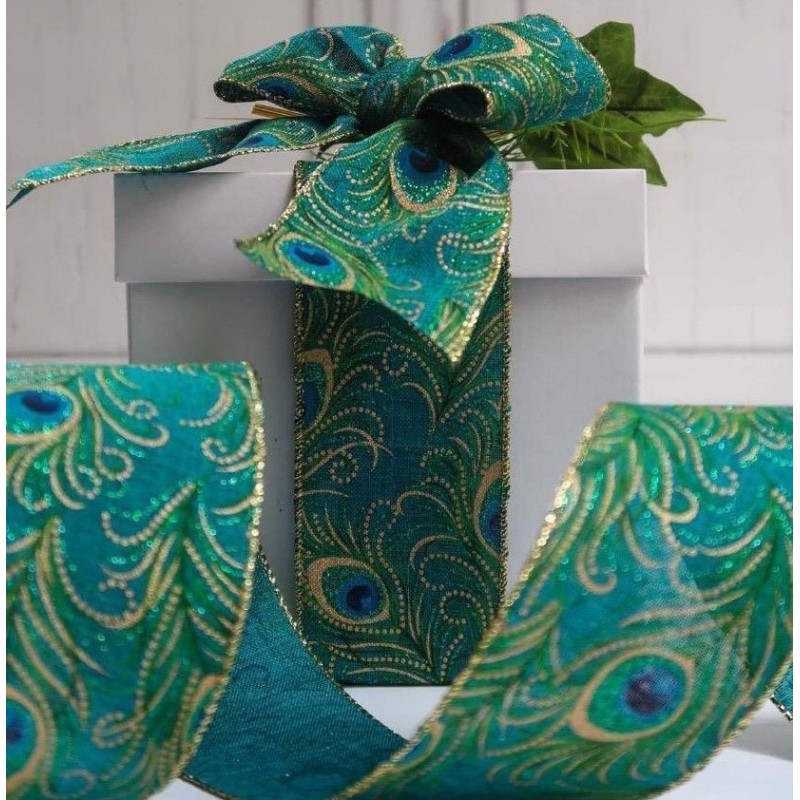 Wired Edge Ribbon 63mm Peacock Feather Sparkle Glitter