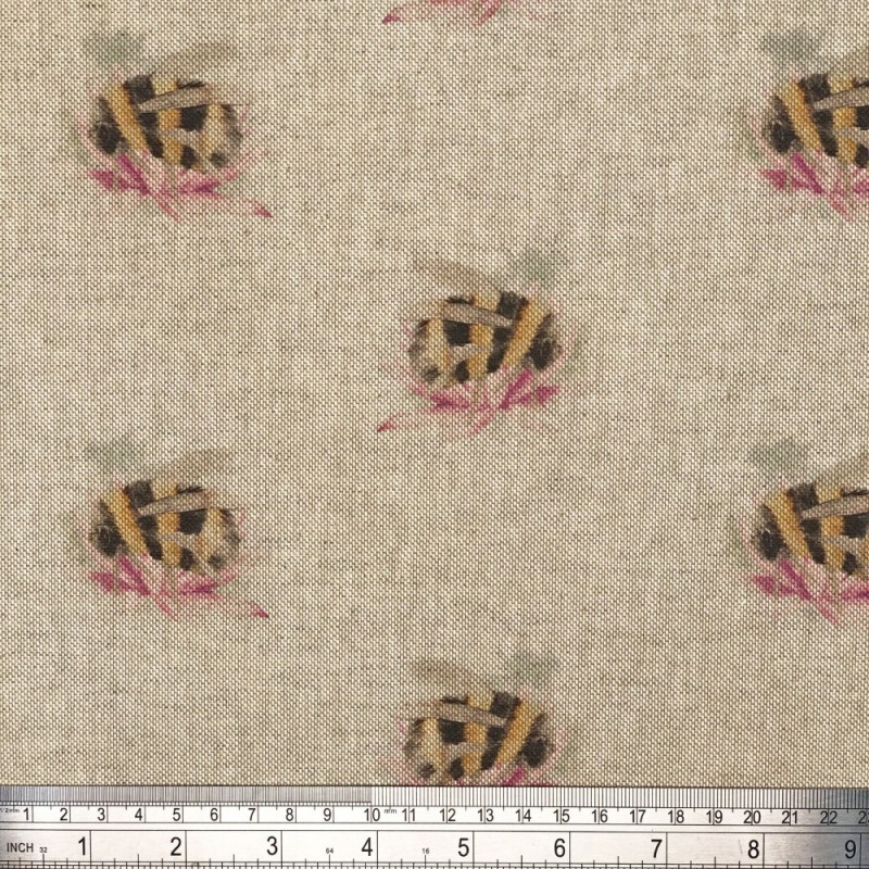 Cotton Rich Linen Look Fabric Digital Bumble Bees Flower Upholstery Panel