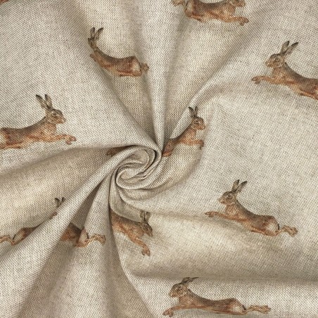 Cotton Rich Linen Look Fabric Digital Leaping Hare Rabbit Upholstery Panel