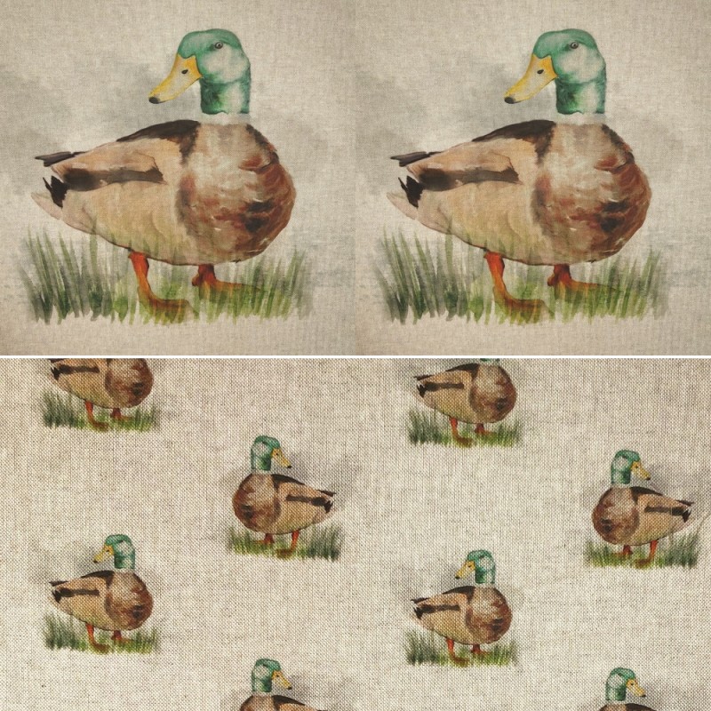 Cotton Rich Linen Look Fabric Digital Mallard Ducks Bird Upholstery Panel