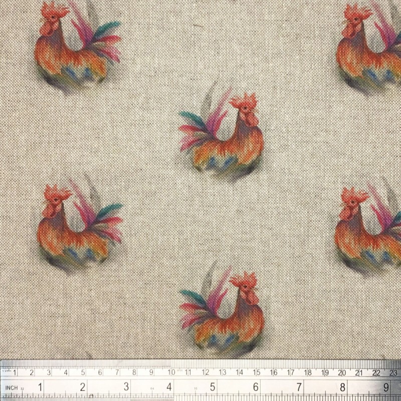 Cotton Rich Linen Look Fabric Digital Rooster Farm Bird Upholstery Panel