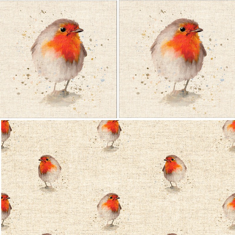 Cotton Rich Linen Linen Fabric Digital Red Robin Bird Upholstery Panel