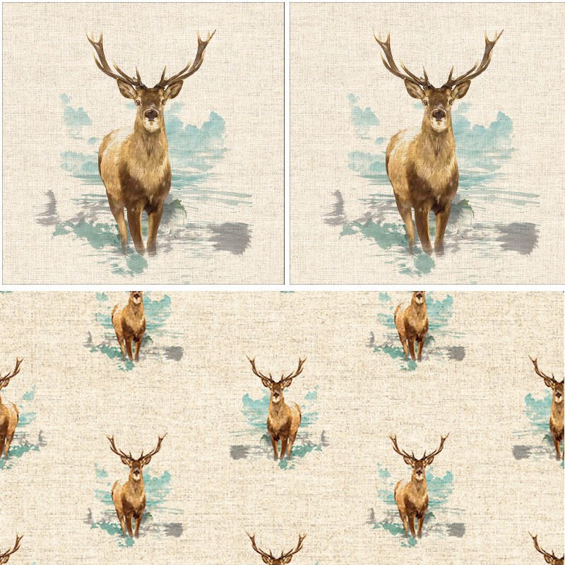Cotton Rich Linen Look Fabric Digital Stags & Deers Upholstery