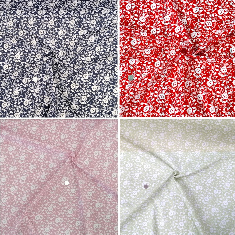 Polycotton Fabric Miniature Blooming Spring Flowers Toss On White