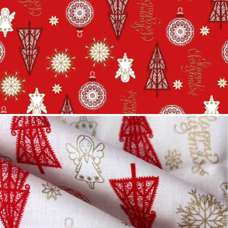 100% Cotton Poplin Fabric Happy Christmas Metallic Angel 135cm Wide